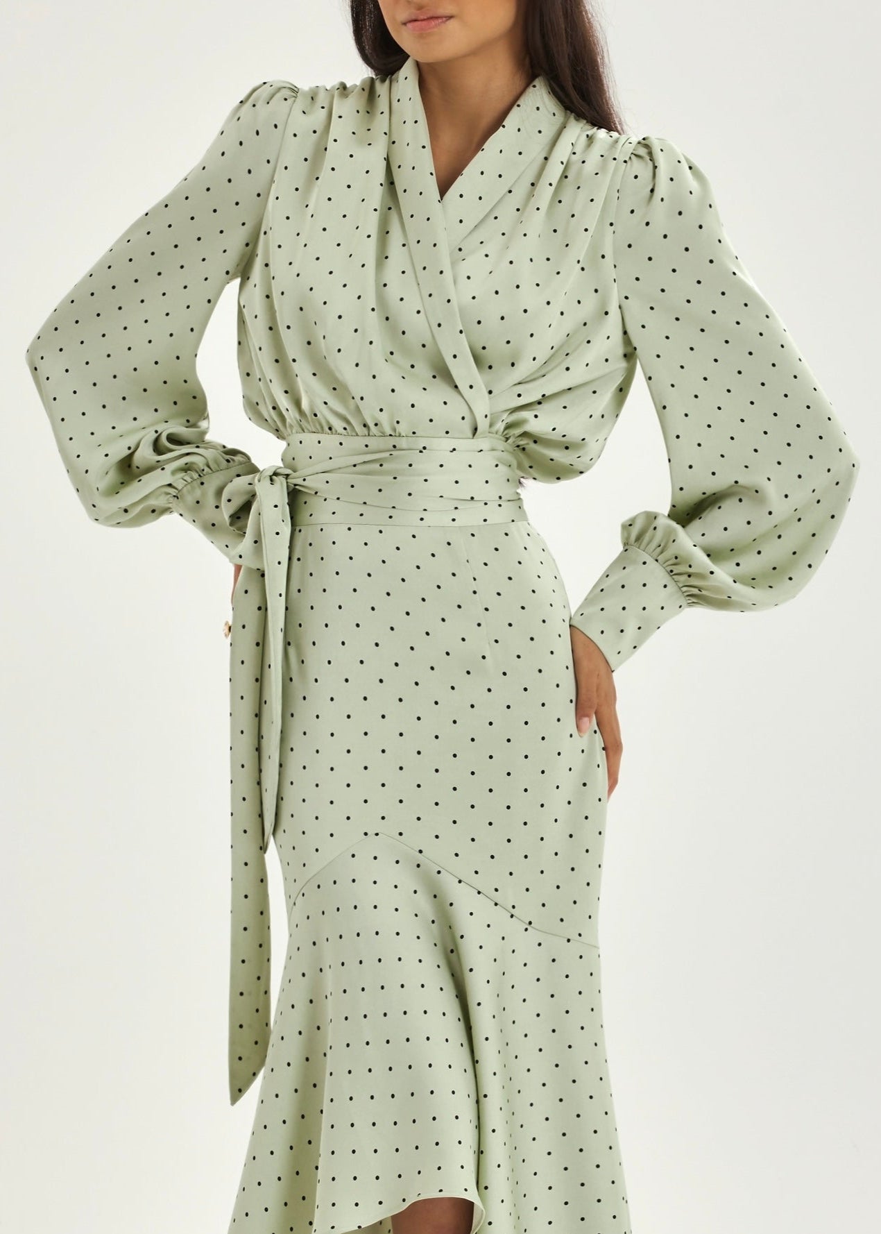 Martina Polka Dot Tie Wrap Blouse | Matcha – VITA GRACE